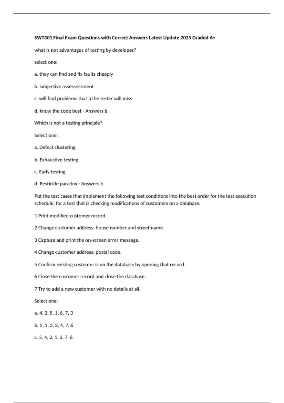 SWT301 Final Exam Questions with Correct Answers Latest Update 2025 ...