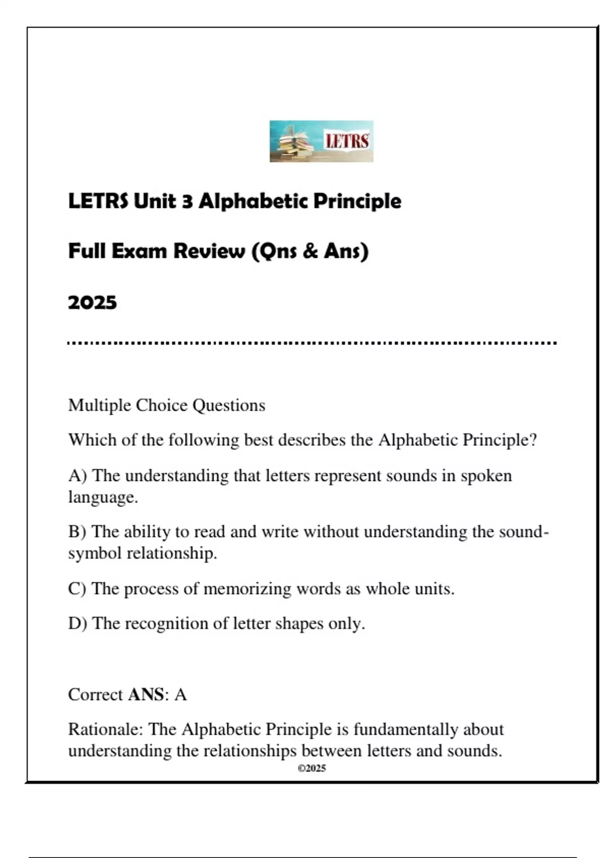 LETRS Unit 3 Alphabetic Principle Full Exam Review 2025 (Qns & Ans ...