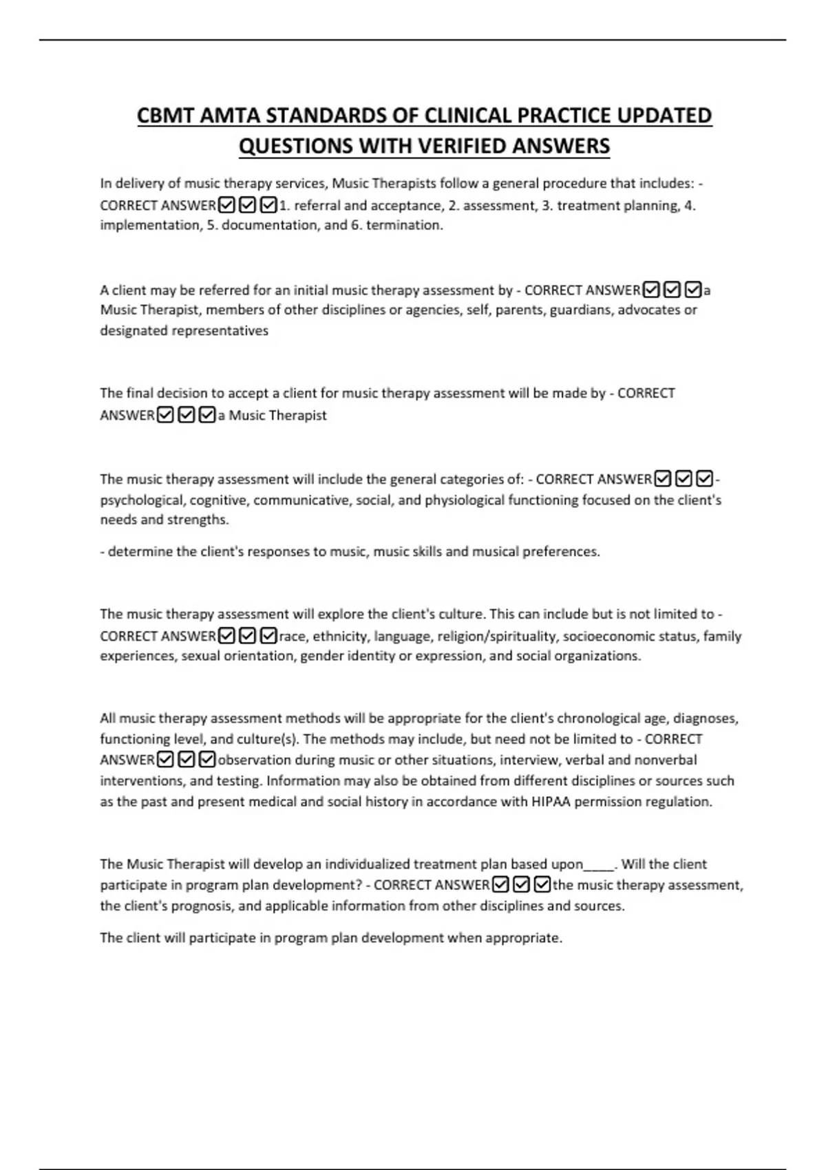 CBMT AMTA STANDARDS OF CLINICAL PRACTICE UPDATED QUESTIONS WITH ...