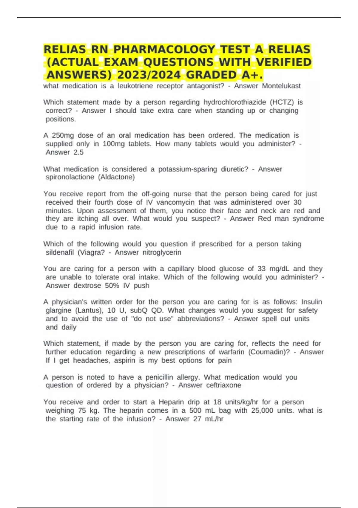 Relias RN Pharmacology Test A Relias (Actual Exam Questions With ...