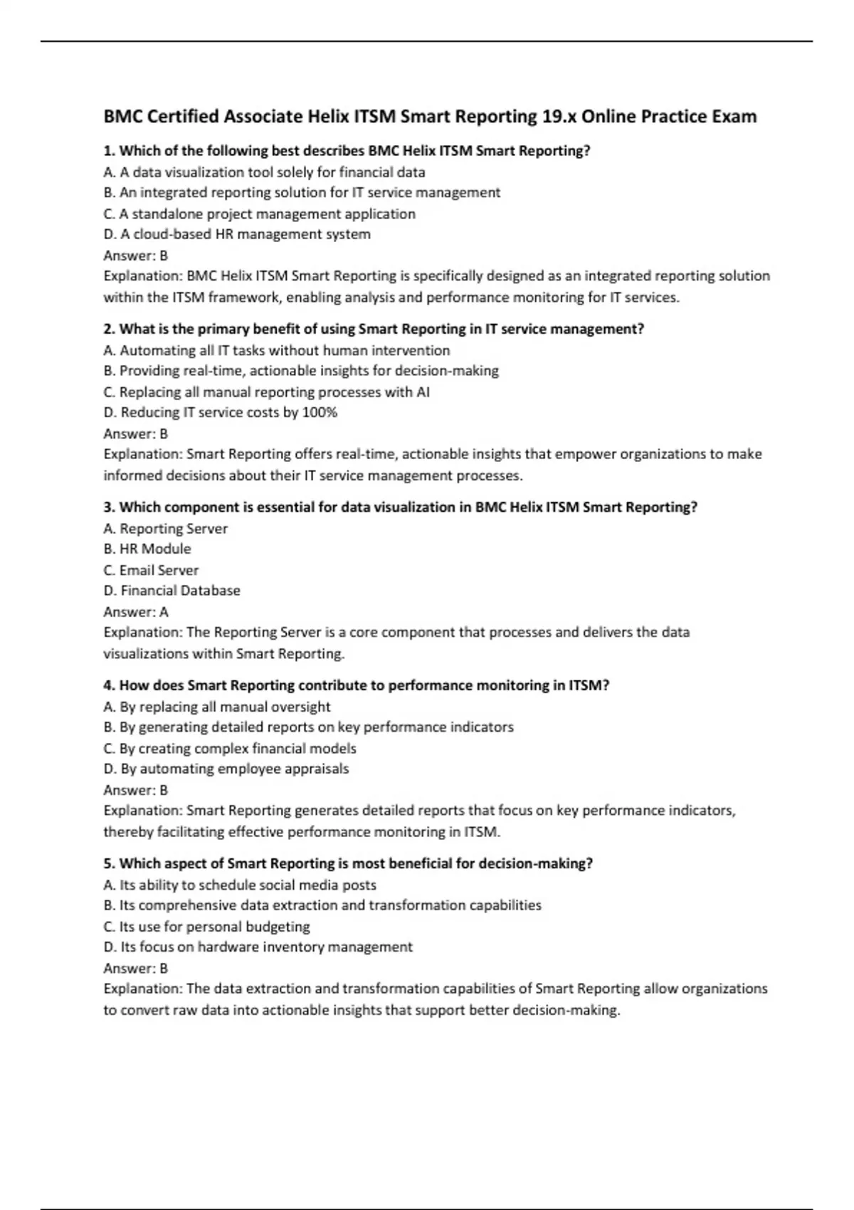 BMC Certified Associate Helix ITSM Smart Reporting 19.x Online Practice ...