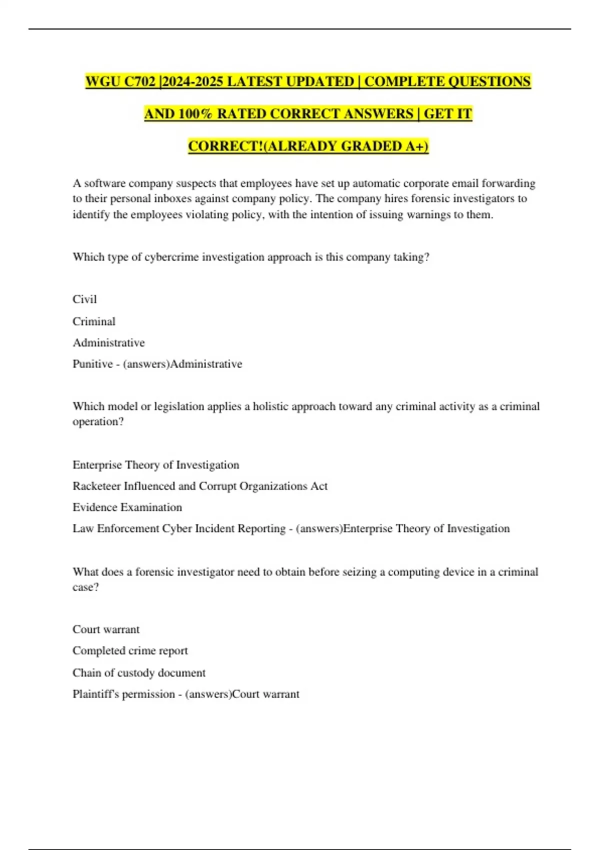 WGU C702 | LATEST UPDATED | COMPLETE QUESTIONS AND 100% RATED CORRECT ...