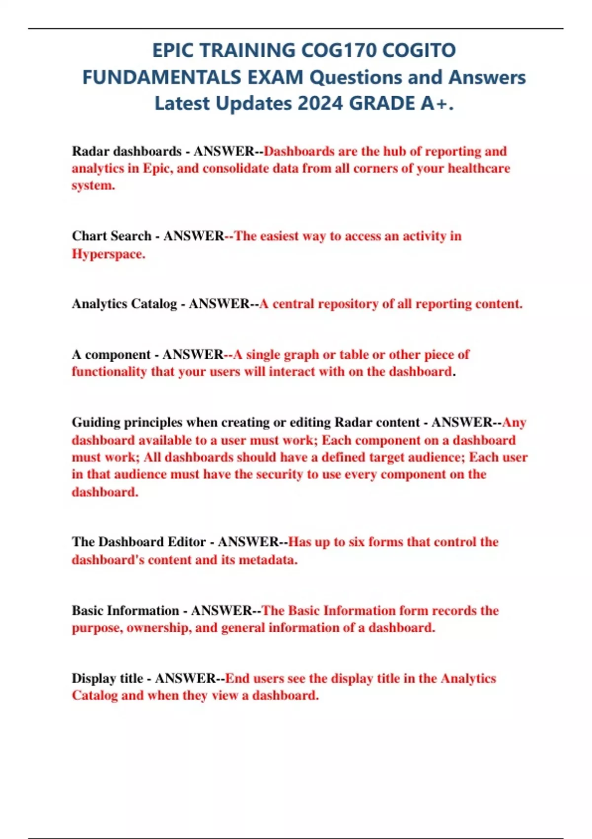 EPIC TRAINING COG170 COGITO FUNDAMENTALS EXAM Questions and Answers ...