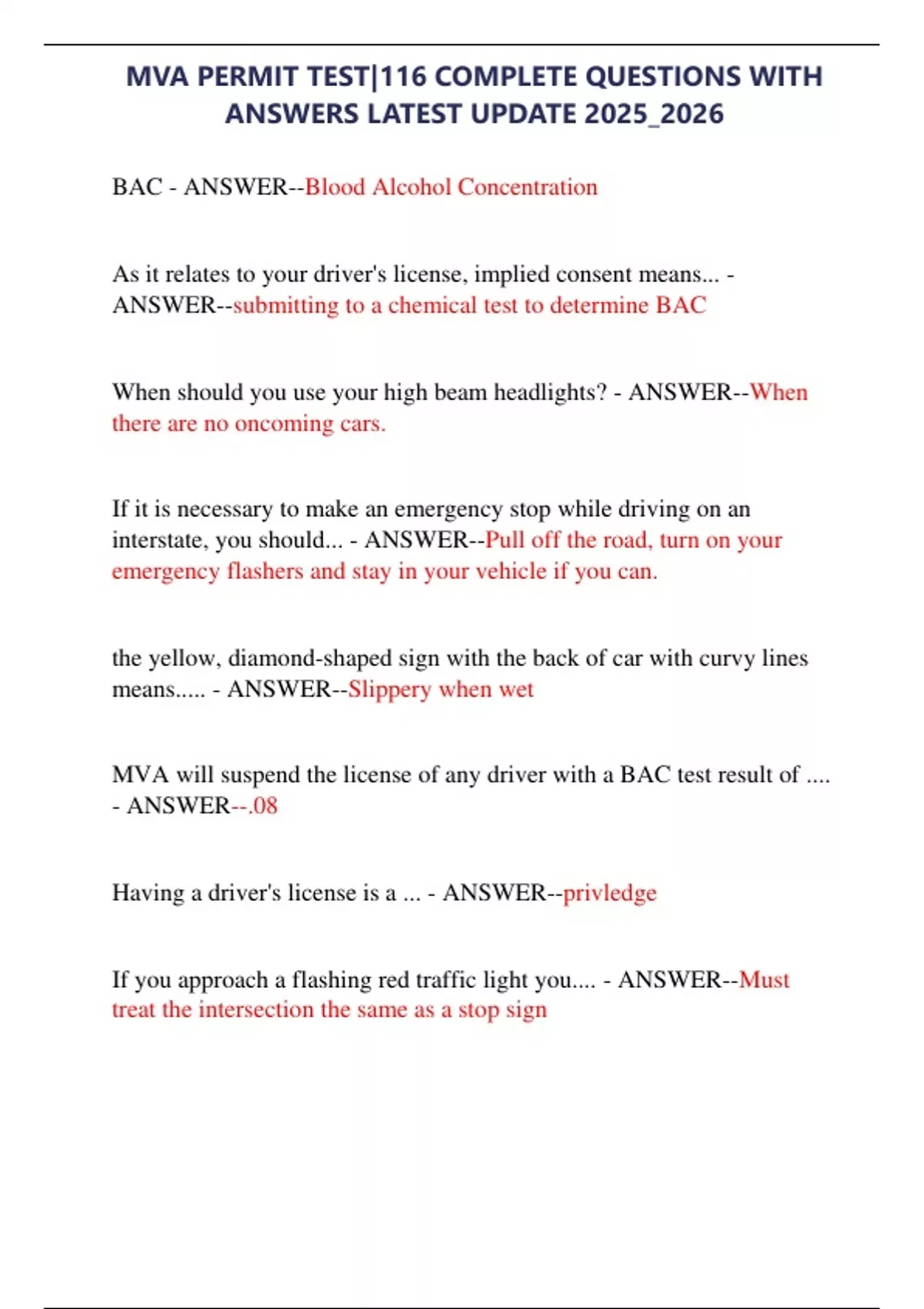 MVA PERMIT TEST|116 COMPLETE QUESTIONS WITH ANSWERS LATEST UPDATE 2025 ...