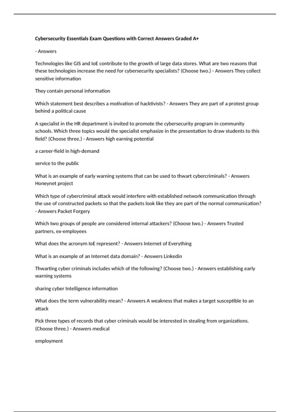Cybersecurity Essentials Exam Questions with Correct Answers Graded A+ ...