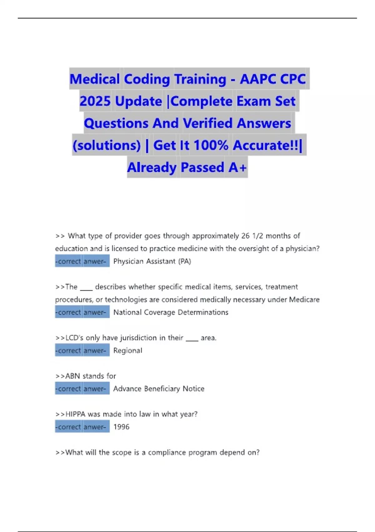 Medical Coding Training - AAPC CPC 2025 Update |Complete Exam Set Questions And Verified Answers ...
