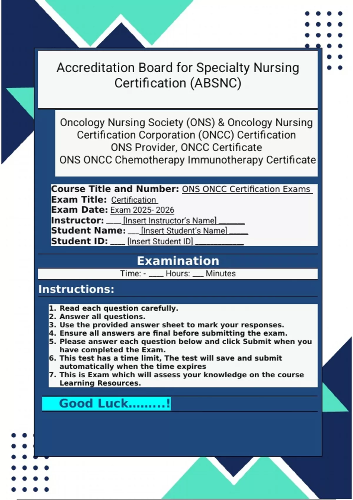 ONS / ONCC Exam 1 ONCC Chemotherapy Immunotherapy Certificate Exams ...