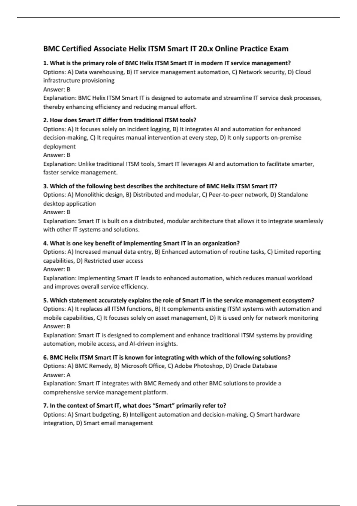 BMC Certified Associate Helix ITSM Smart IT 20.x Online Practice Exam ...