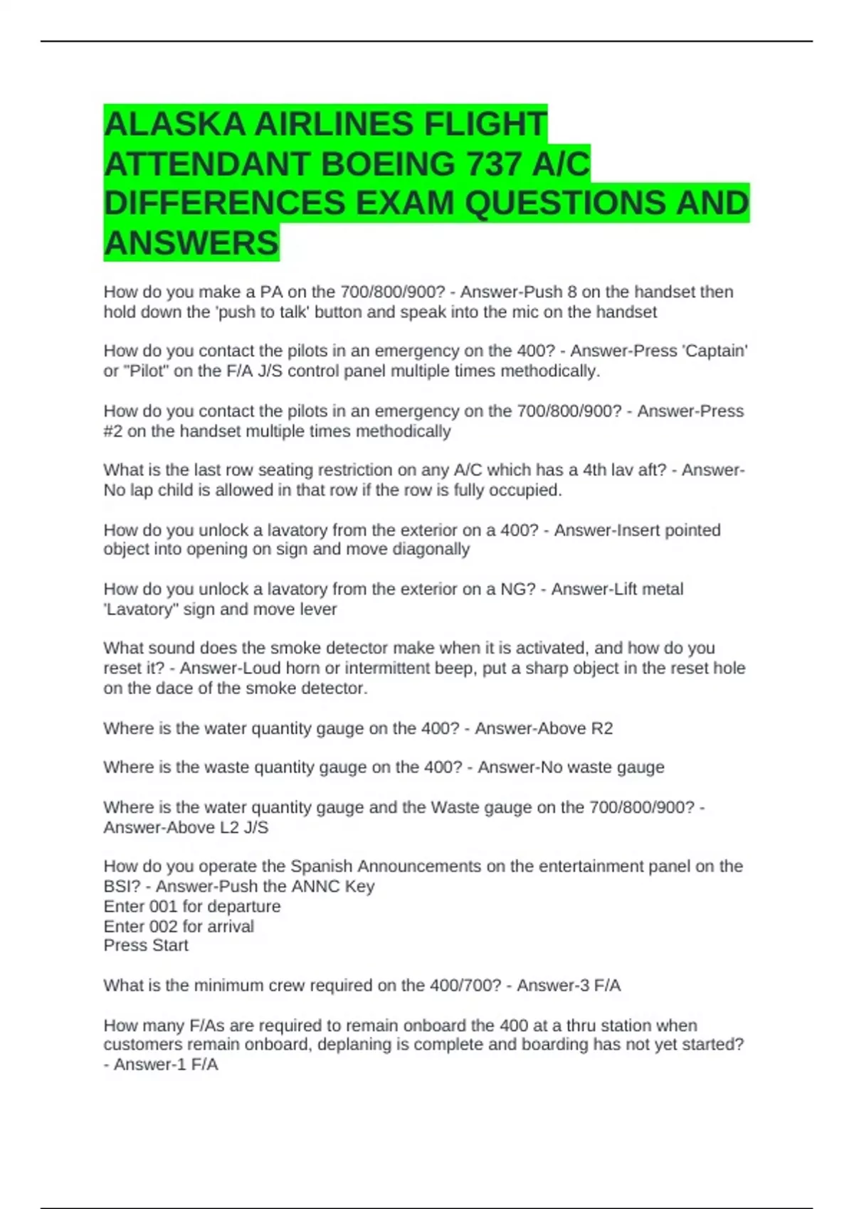 ALASKA AIRLINES FLIGHT ATTENDANT BOEING 737 A/C DIFFERENCES EXAM ...