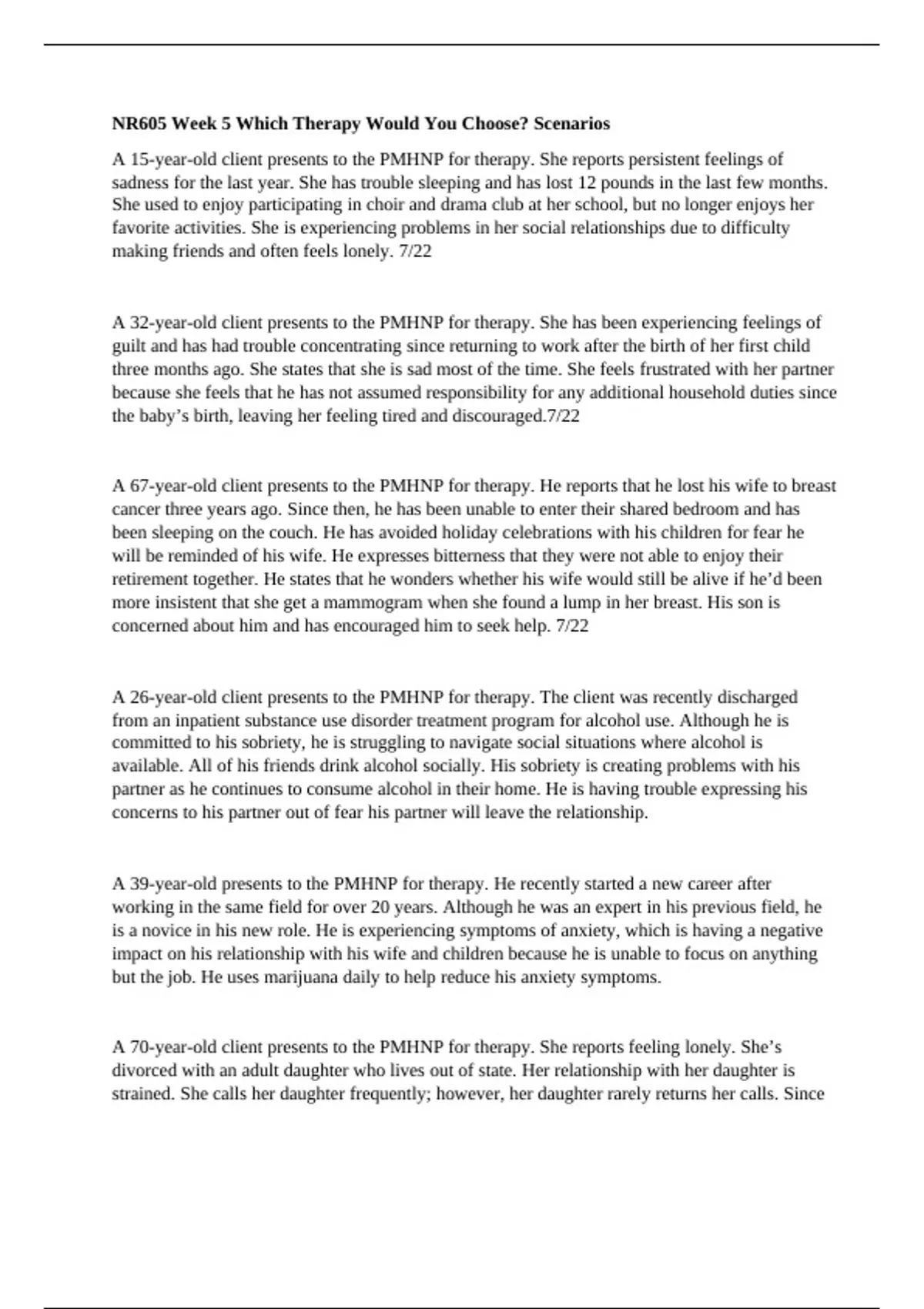 NR 605 Week 5 Assignmentl Which Therapy Would You Choose; All Scenarios ...