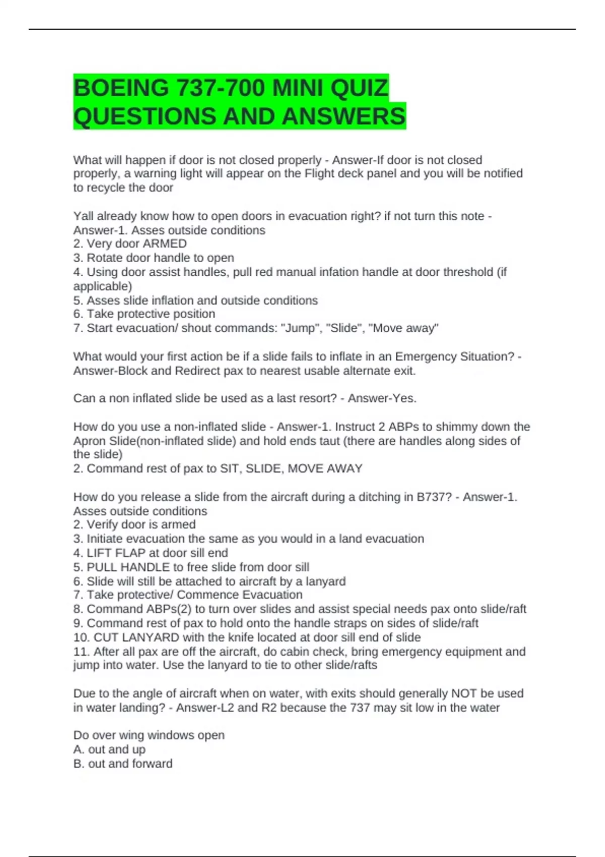 BOEING 737-700 MINI QUIZ QUESTIONS AND ANSWERS - BOEING - Stuvia US