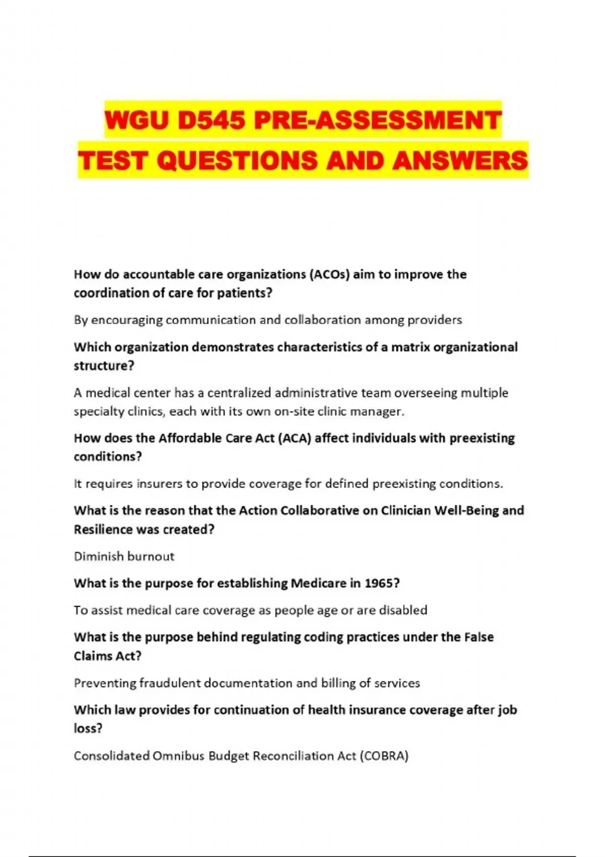 WGU D545 PRE-ASSESSMENT TEST QUESTIONS AND ANSWERS - WGU D545 - Stuvia US