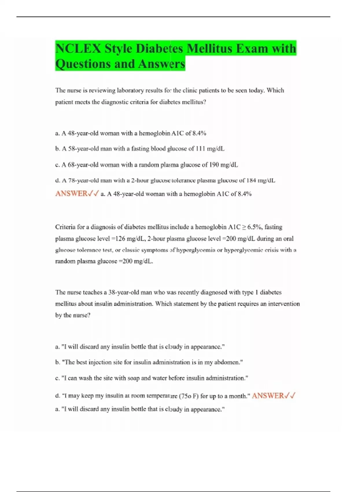 NCLEX Style Diabetes Mellitus Exam with Questions and Answers - Nclex ...