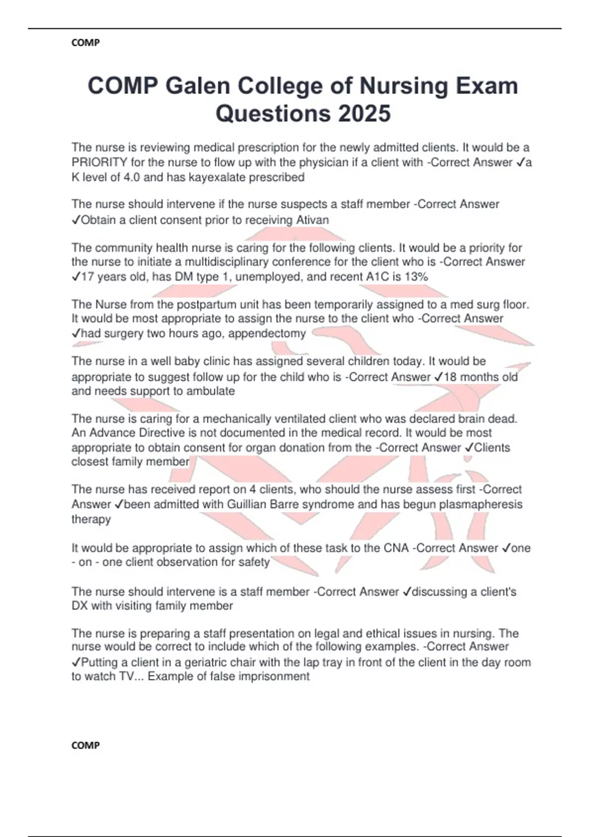 COMP Galen College of Nursing Exam Questions 2025 - COMP , - Stuvia US