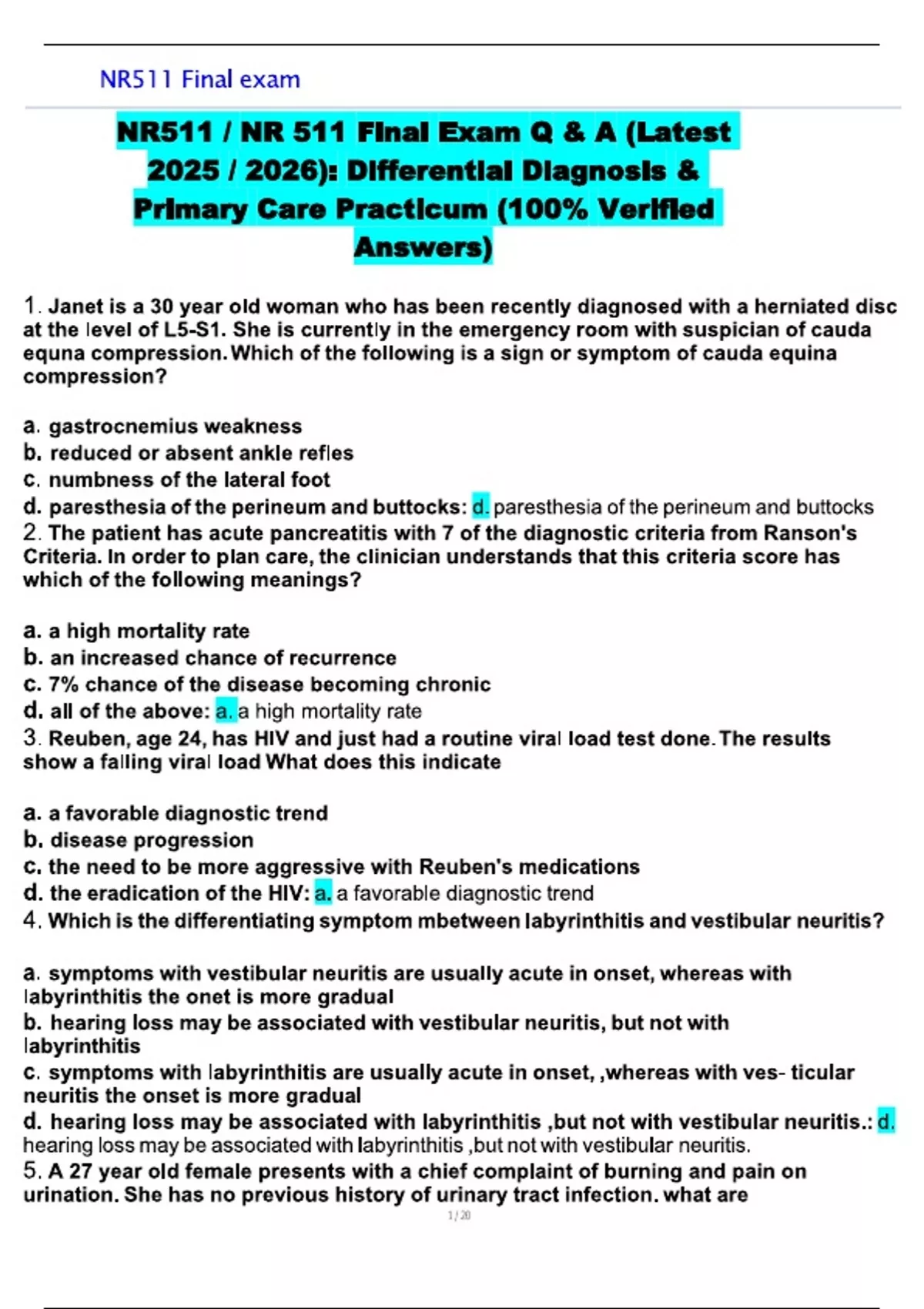 NR511 / NR 511 Final Exam Q & A (Latest 2025 / 2026): Differential ...