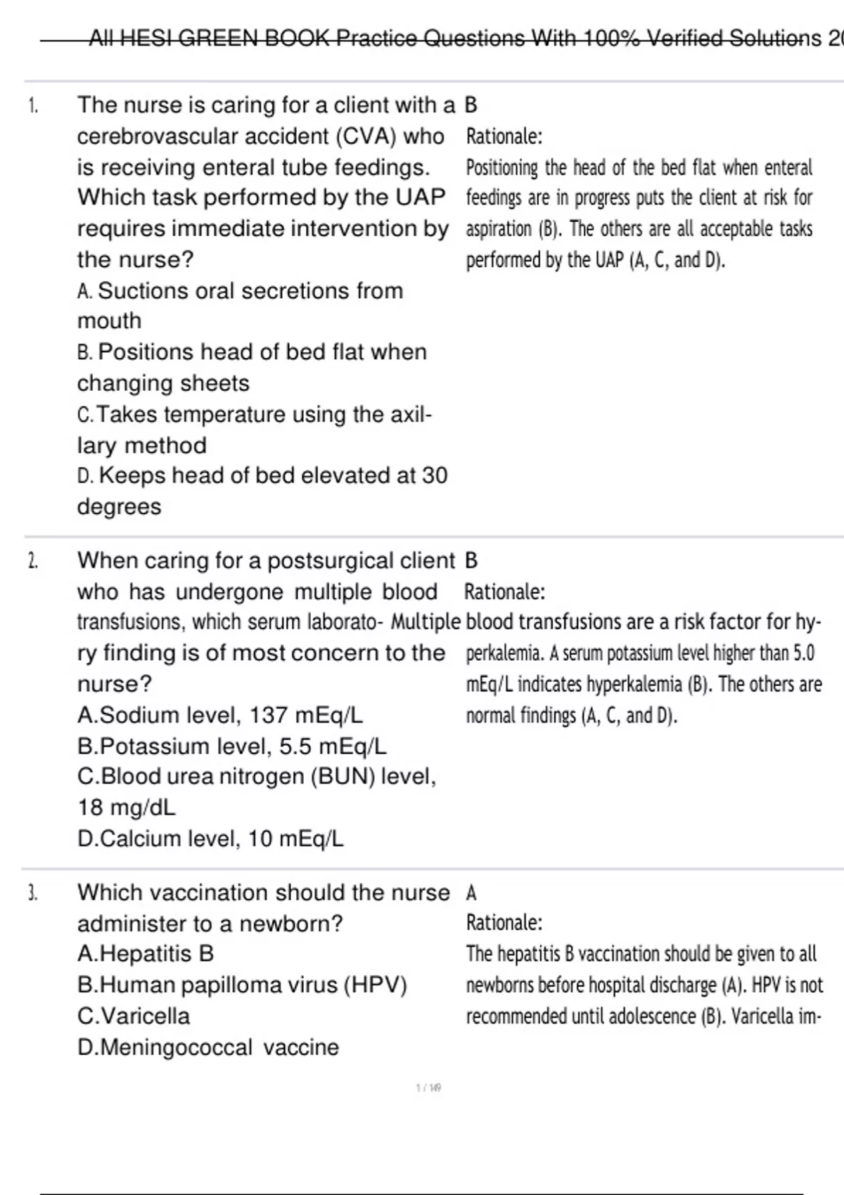 All HESI GREEN BOOK Practice Questions With 100% Verifed Solutions 202 ...