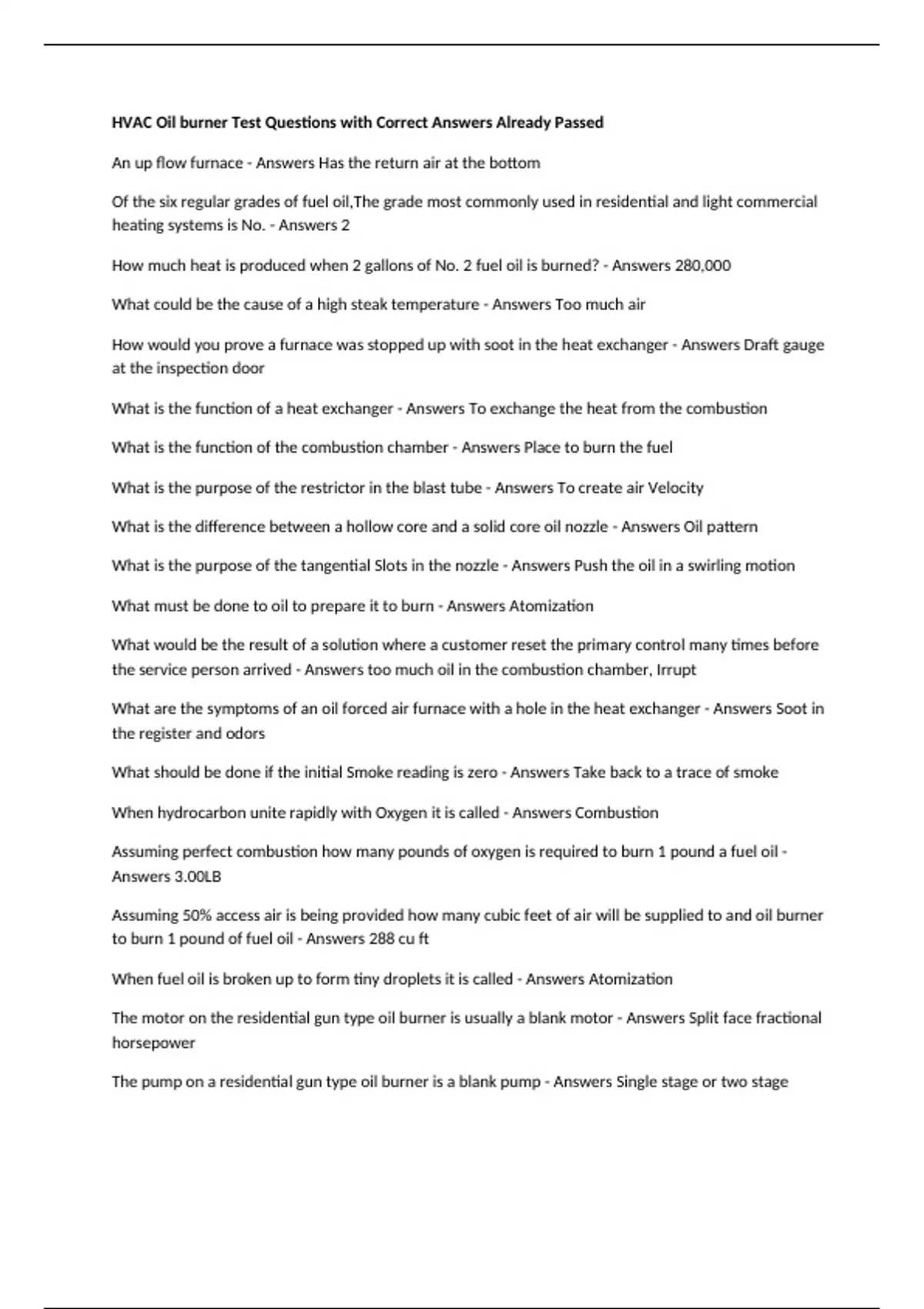 HVAC Oil burner Test Questions with Correct Answers Already Passed ...