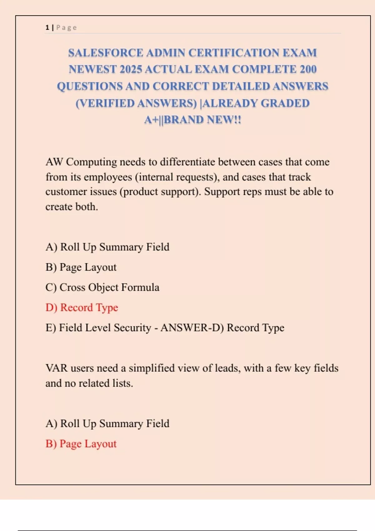 Salesforce Admin Certification Exam Newest 2025 Actual Exam Complete 200 Questions And Correct