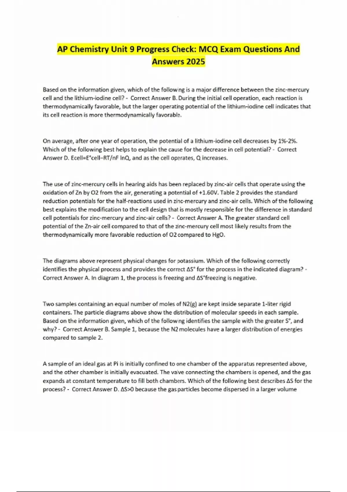 AP Chemistry Unit 9 Progress Check: MCQ Exam Questions And Answers 2025 ...