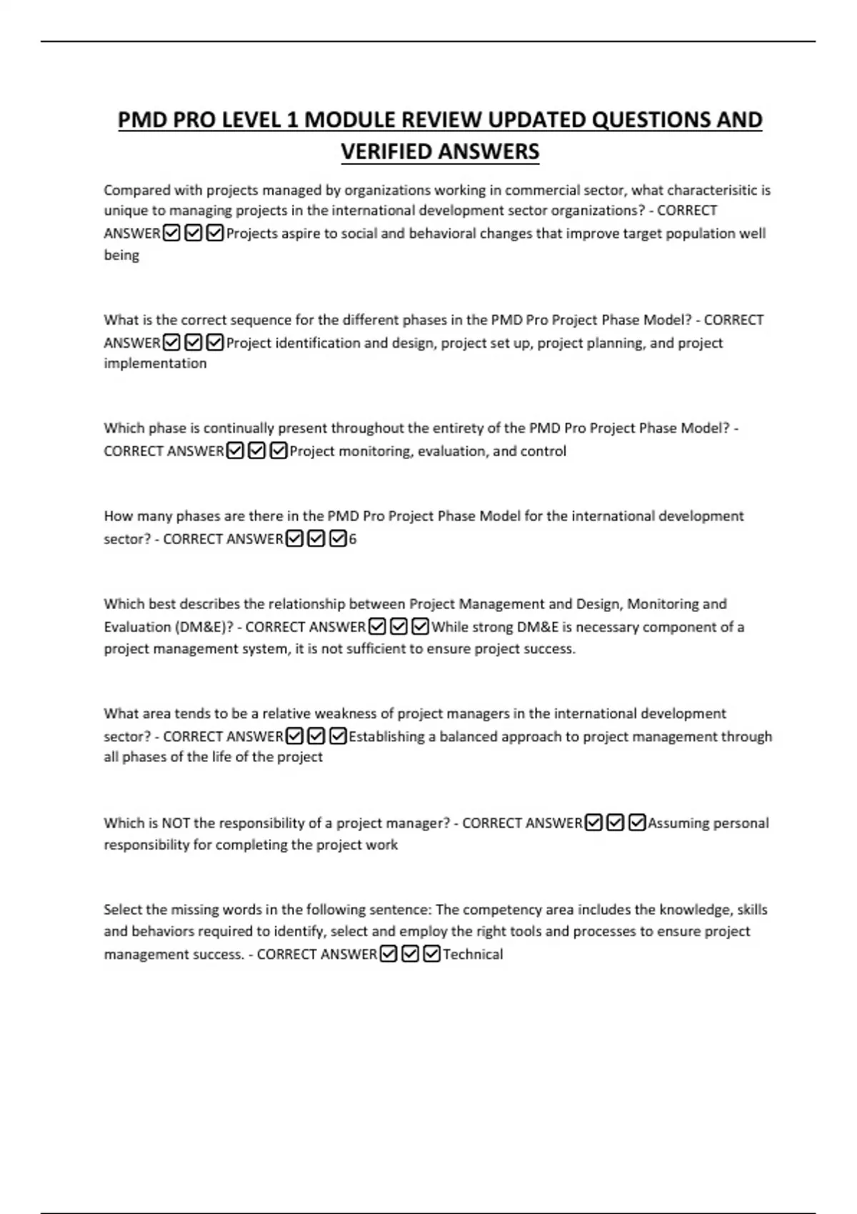 PMD PRO LEVEL 1 MODULE REVIEW UPDATED QUESTIONS AND VERIFIED ANSWERS - PMD PRO - Stuvia US