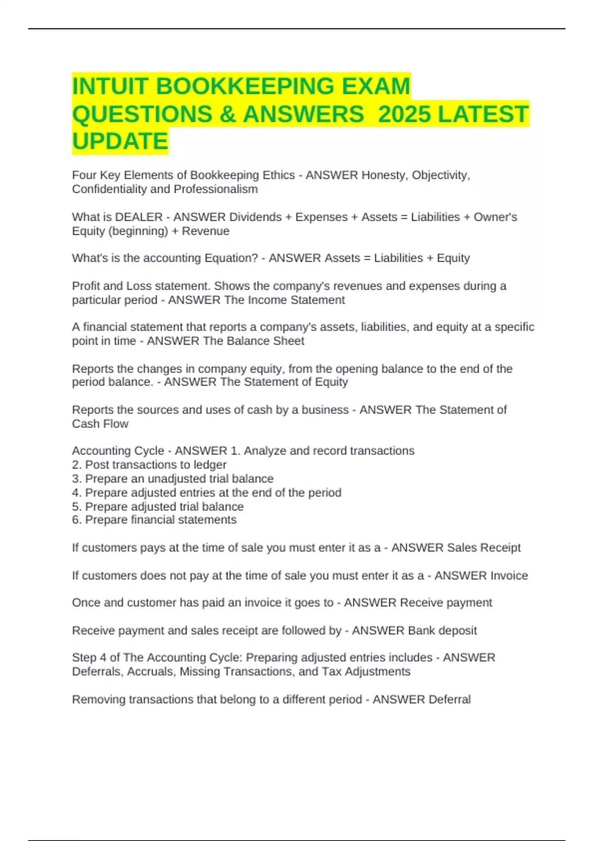 INTUIT BOOKKEEPING EXAM QUESTIONS & ANSWERS 2025 LATEST UPDATE ...