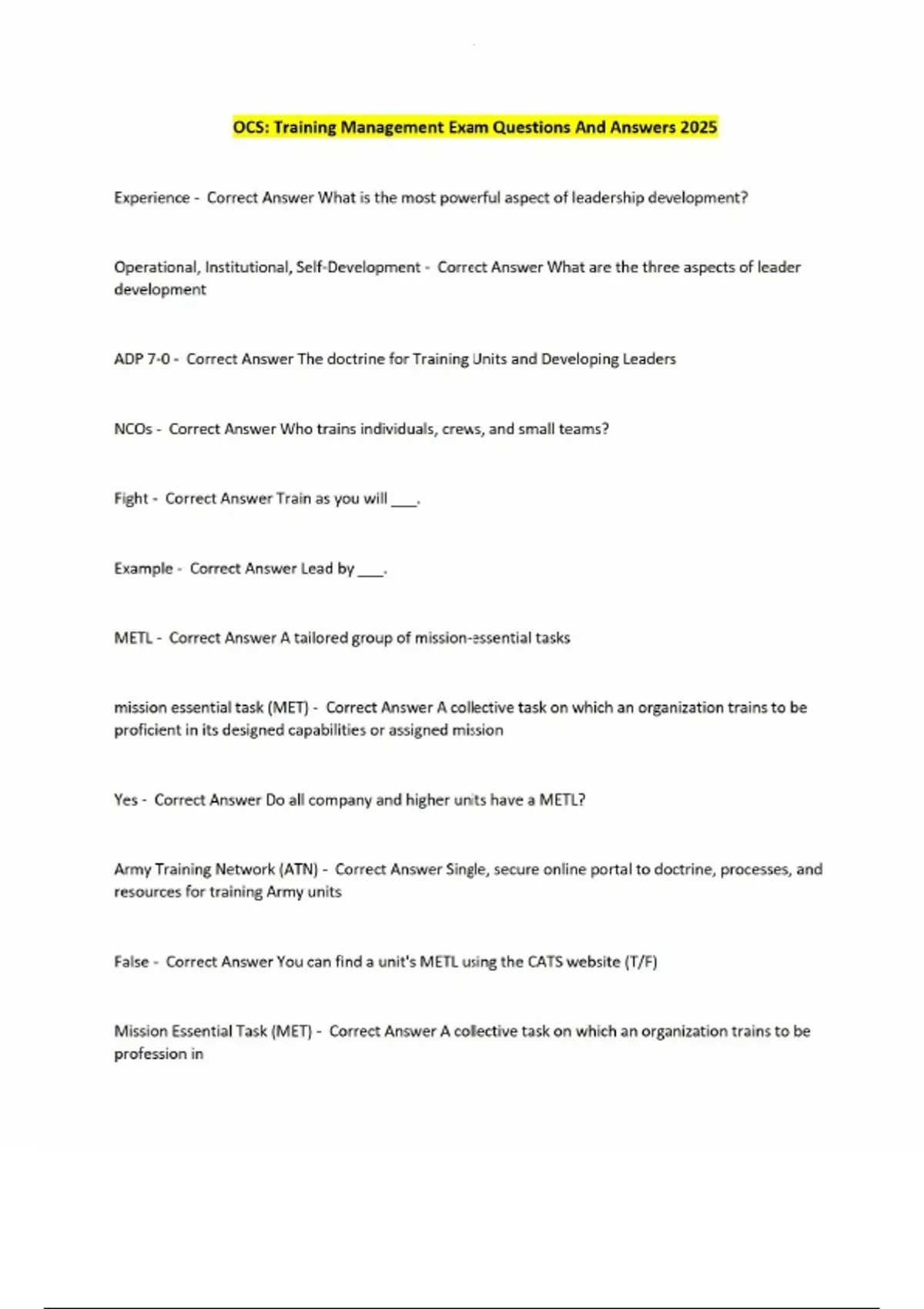 OCS: Training Management Exam Questions And Answers 2025 - Army OCS ...