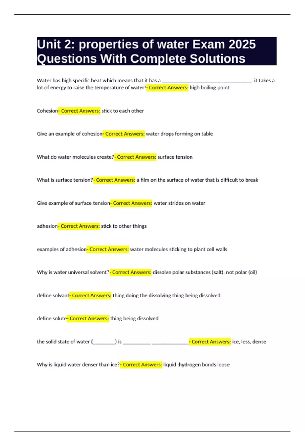 Unit 2 properties of water Exam 2025 Questions With Complete Solutions ...
