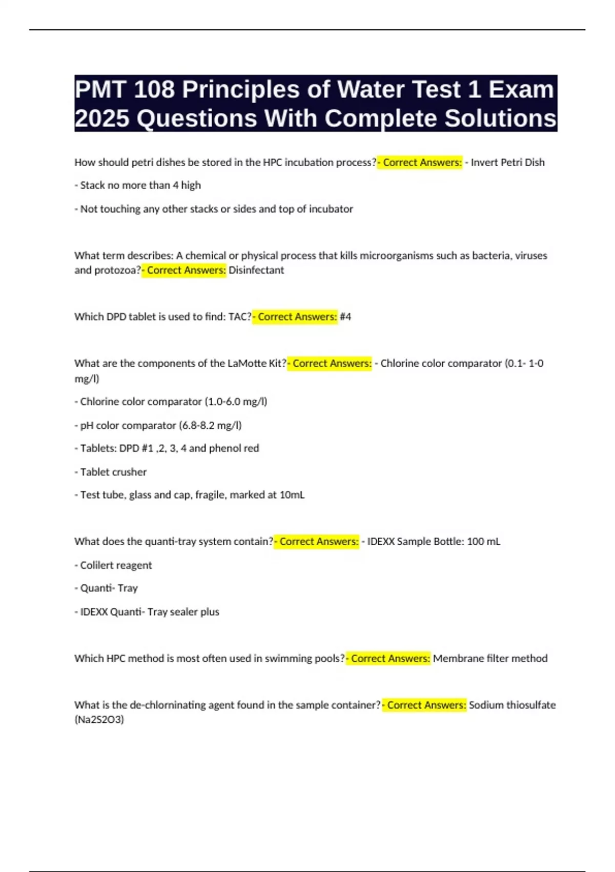 PMT 108 Principles of Water Test 1 Exam 2025 Questions With Complete ...