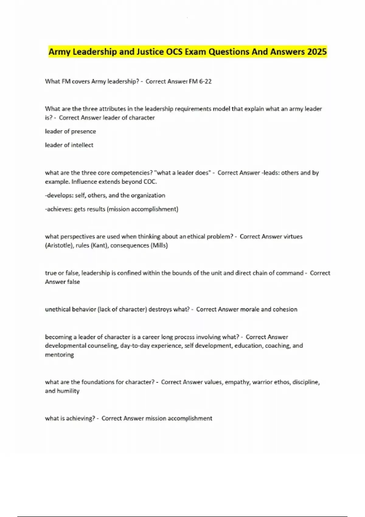 Army Leadership and Justice OCS Exam Questions And Answers 2025 - Army ...