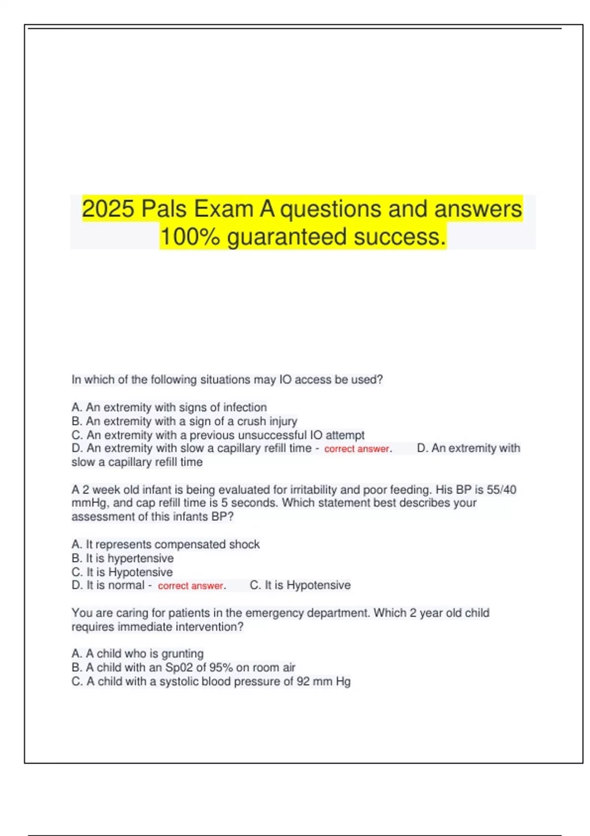 2025 Pals Exam A questions and answers 100% guaranteed success - Pals ...