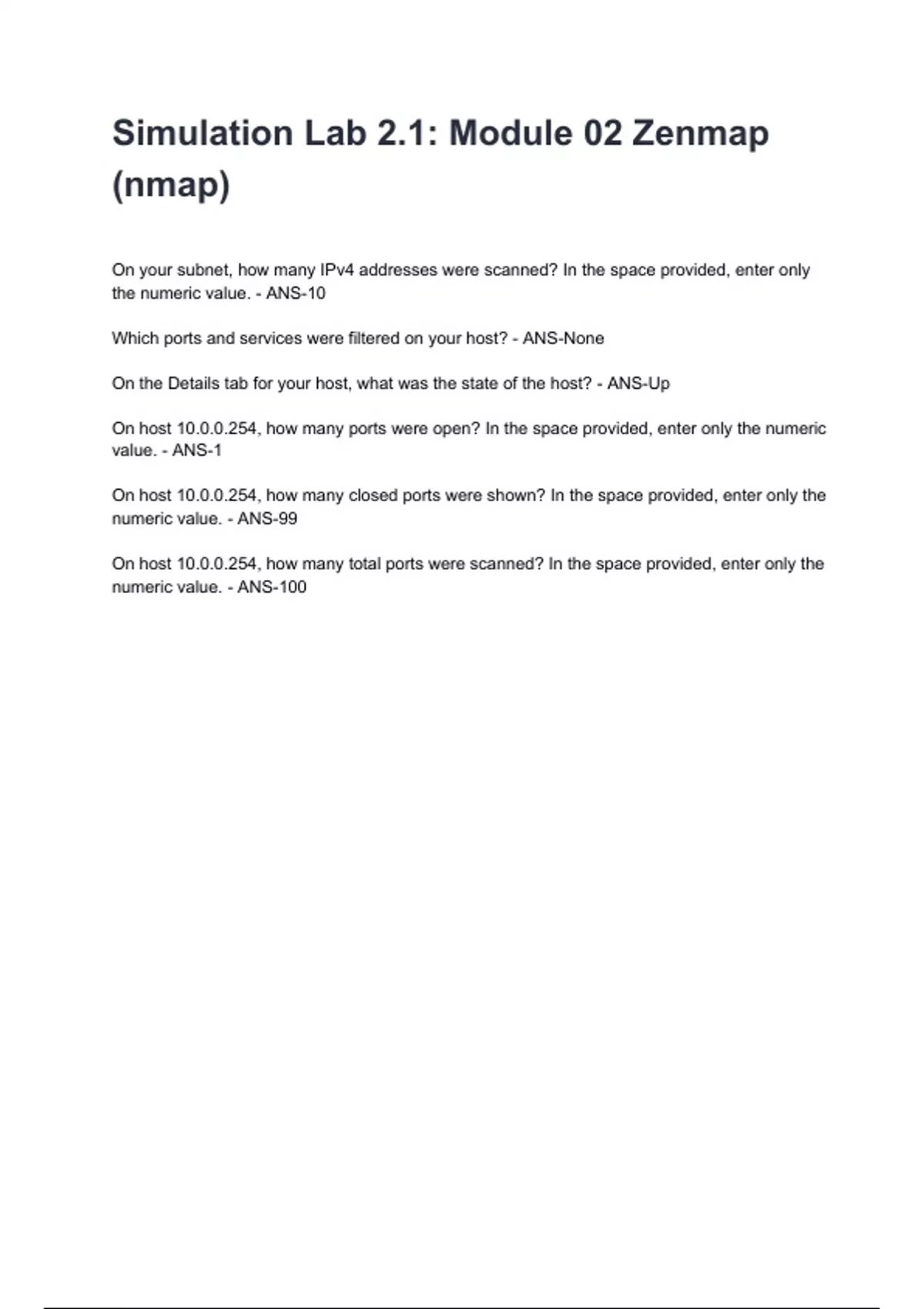 Simulation Lab 2.1: Module 02 Zenmap (nmap) question and answers graded A+ 2025/2026 ...