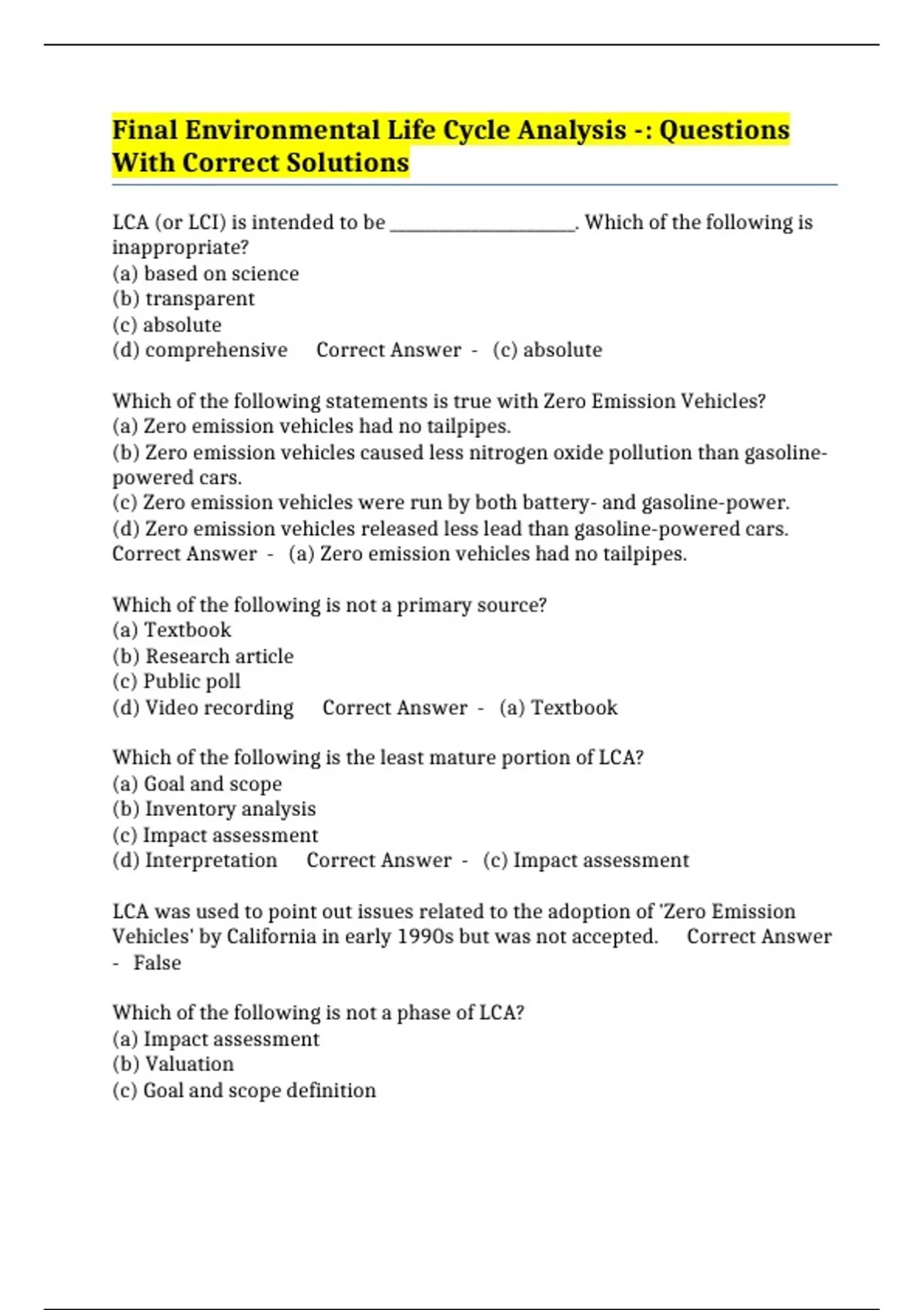 Final Environmental Life Cycle Analysis -: Questions With Correct ...
