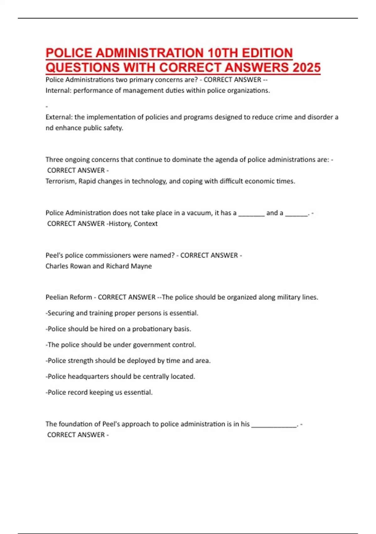 POLICE ADMINISTRATION 10TH EDITION QUESTIONS WITH CORRECT ANSWERS 2025 ...