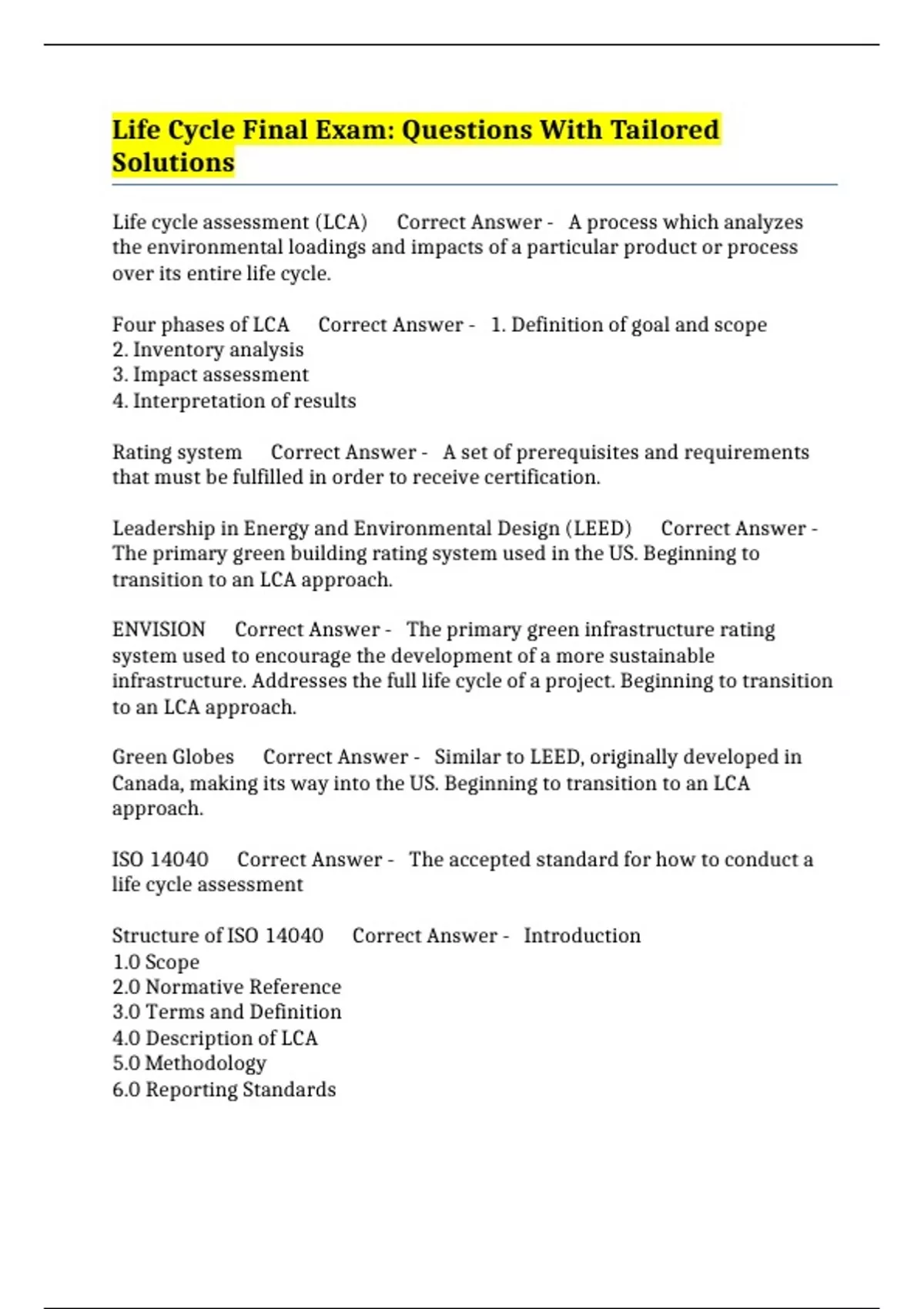 Life Cycle Final Exam: Questions With Tailored Solutions - LCA - Stuvia US
