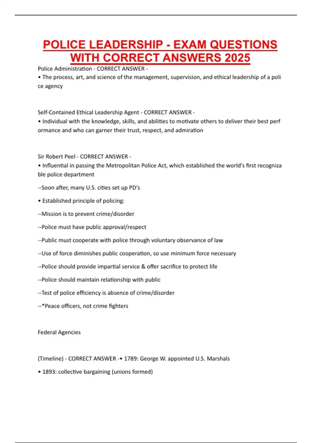 POLICE LEADERSHIP - EXAM QUESTIONS WITH CORRECT ANSWERS 2025 - Police ...
