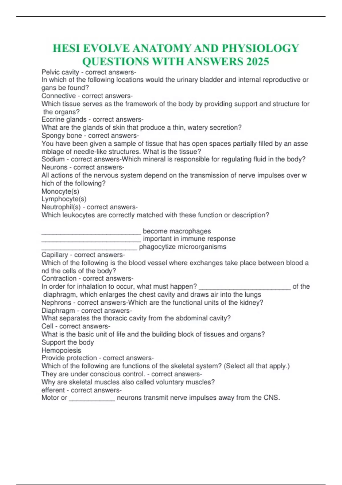 HESI EVOLVE ANATOMY AND PHYSIOLOGY QUESTIONS WITH ANSWERS 2025 - HESI ...