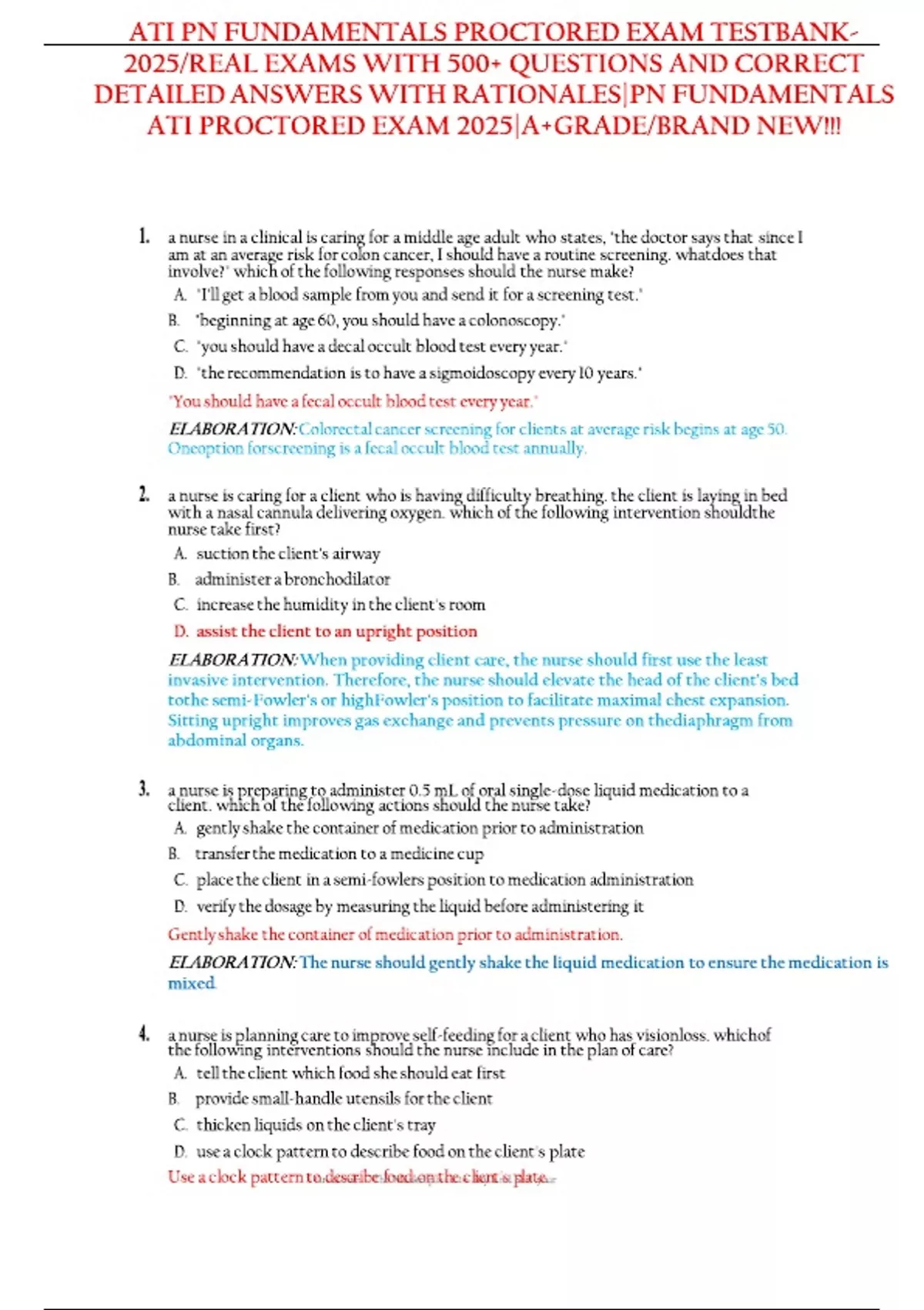 ATI PN FUNDAMENTALS PROCTORED EXAM TESTBANK-2025/REAL EXAMS WITH 500 ...