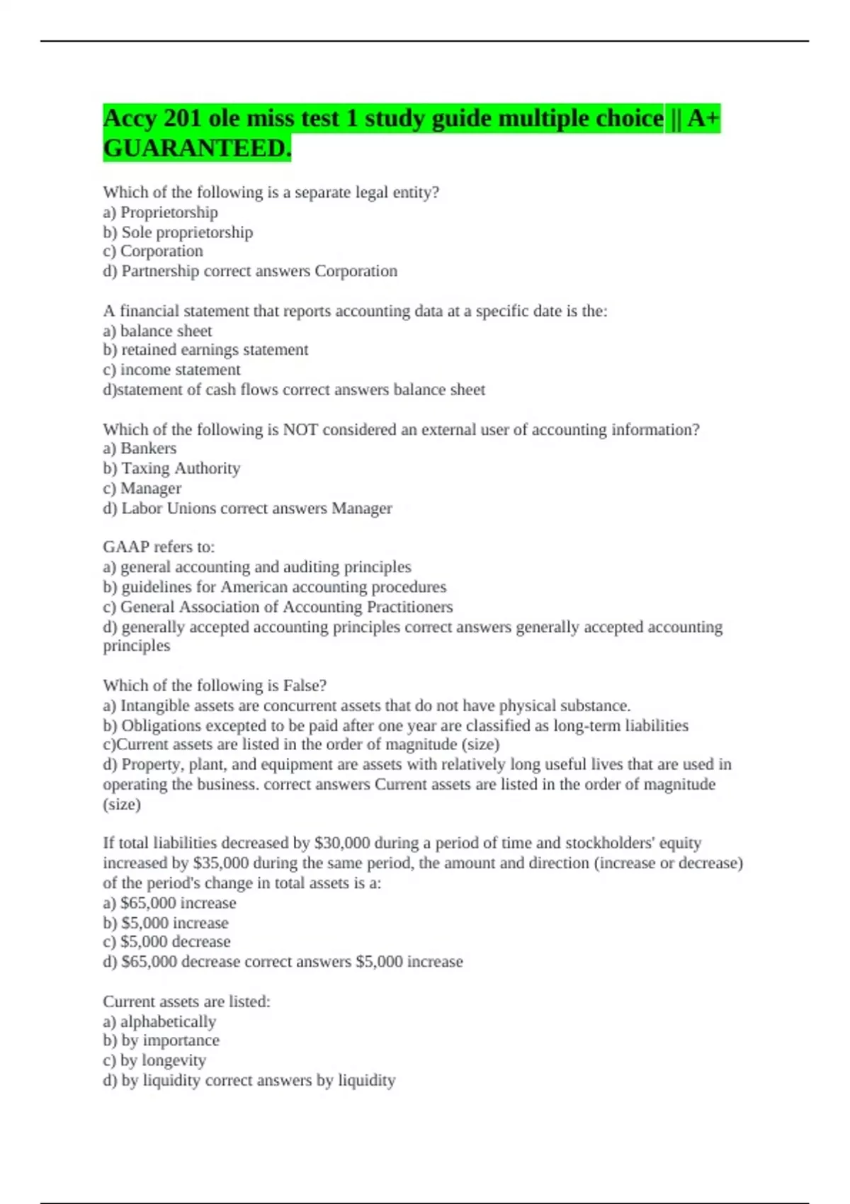 Accy 201 ole miss test 1 study guide multiple choice || A+ GUARANTEED ...