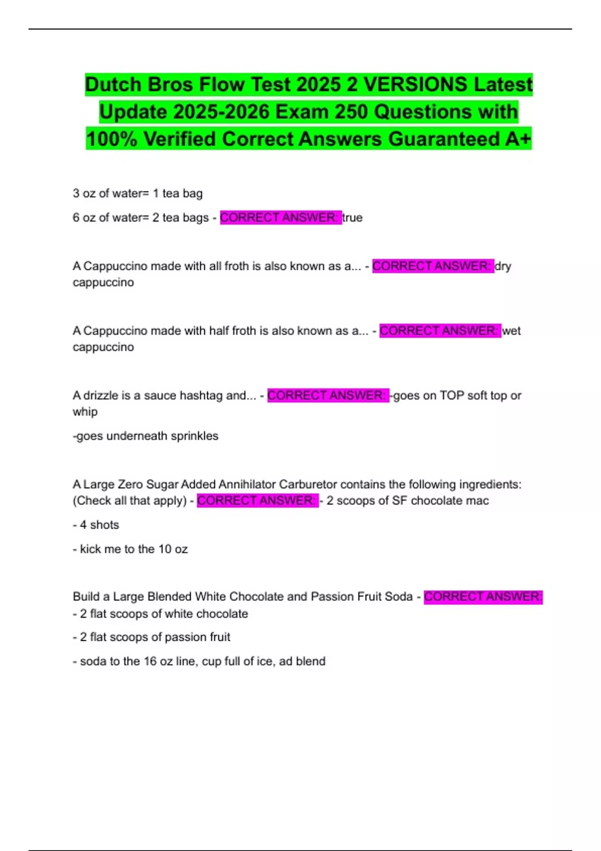 Dutch Bros Flow Test 2025 2 VERSIONS Latest Update Exam 250 Questions ...
