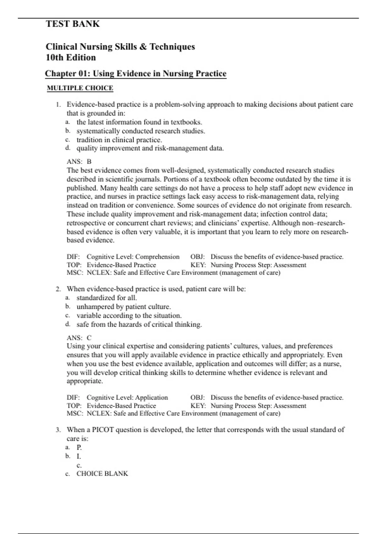 Clinical Nursing Skills and Techniques 10th Edition Test Bank | All ...