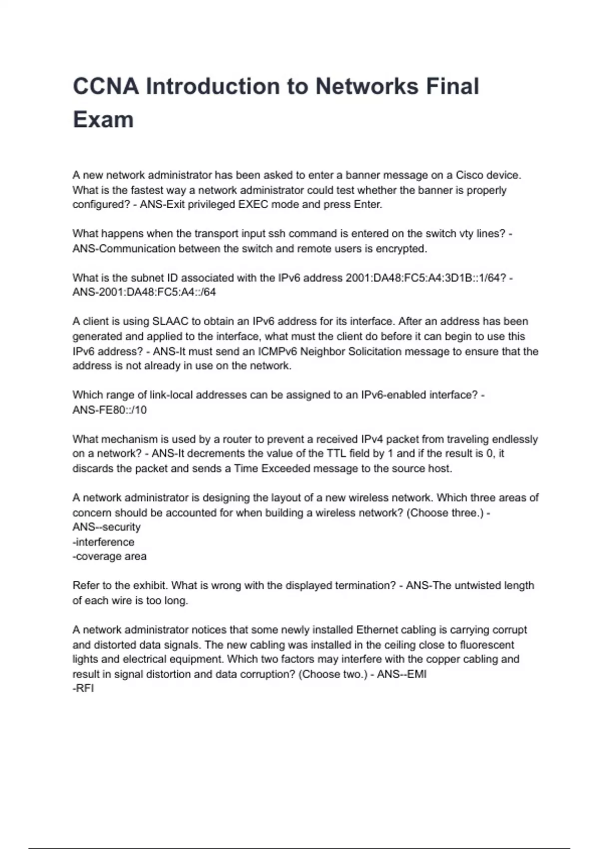 CCNA Introduction to Networks Final Exam question and answers graded A+ 2025/2026 - Introduction ...