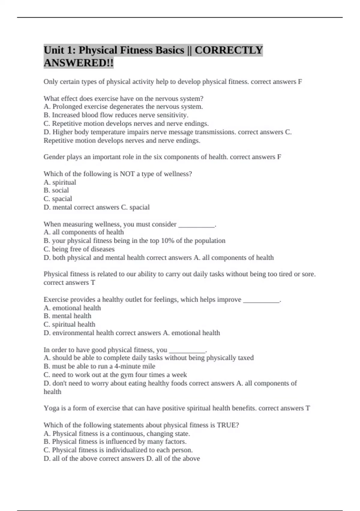 Unit 1: Physical Fitness Basics || CORRECTLY ANSWERED!! - Physical ...