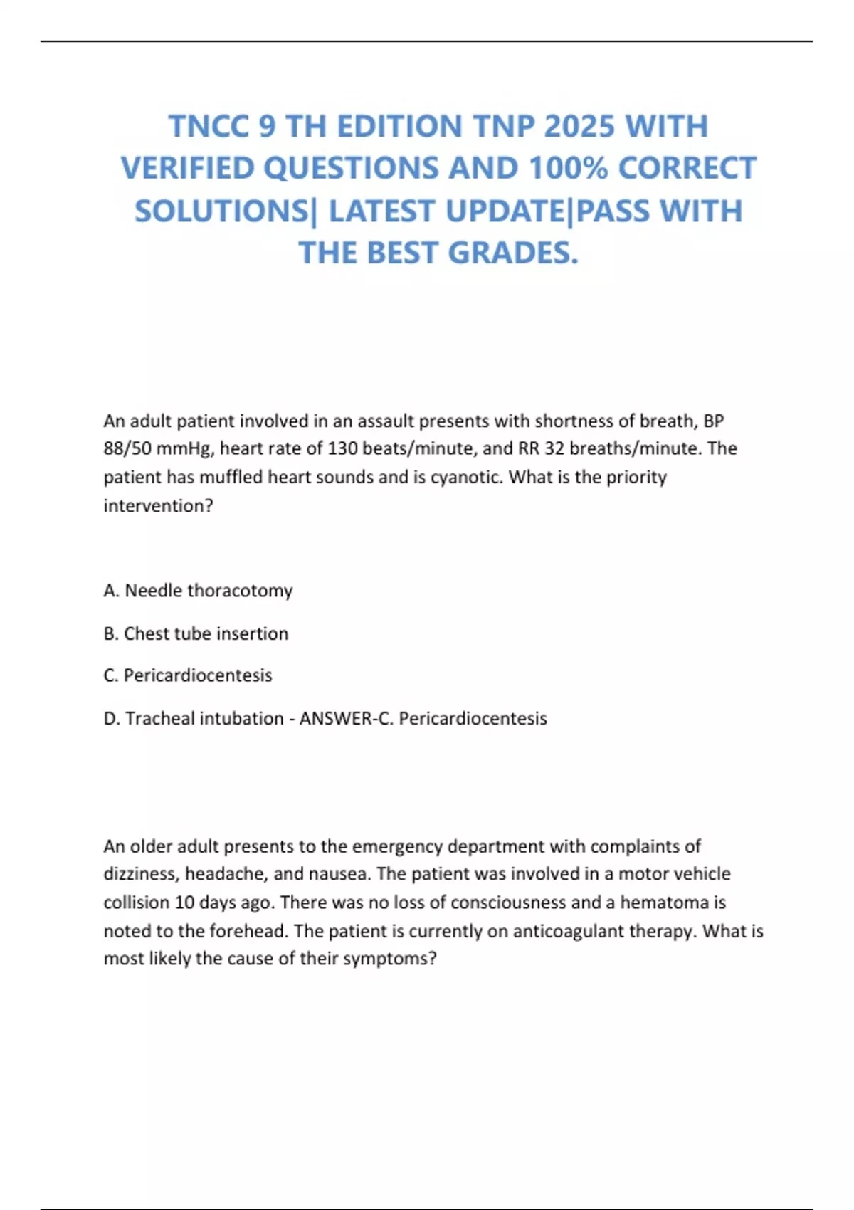 TNCC 9 TH EDITION TNP 2025 WITH VERIFIED QUESTIONS AND 100% CORRECT ...