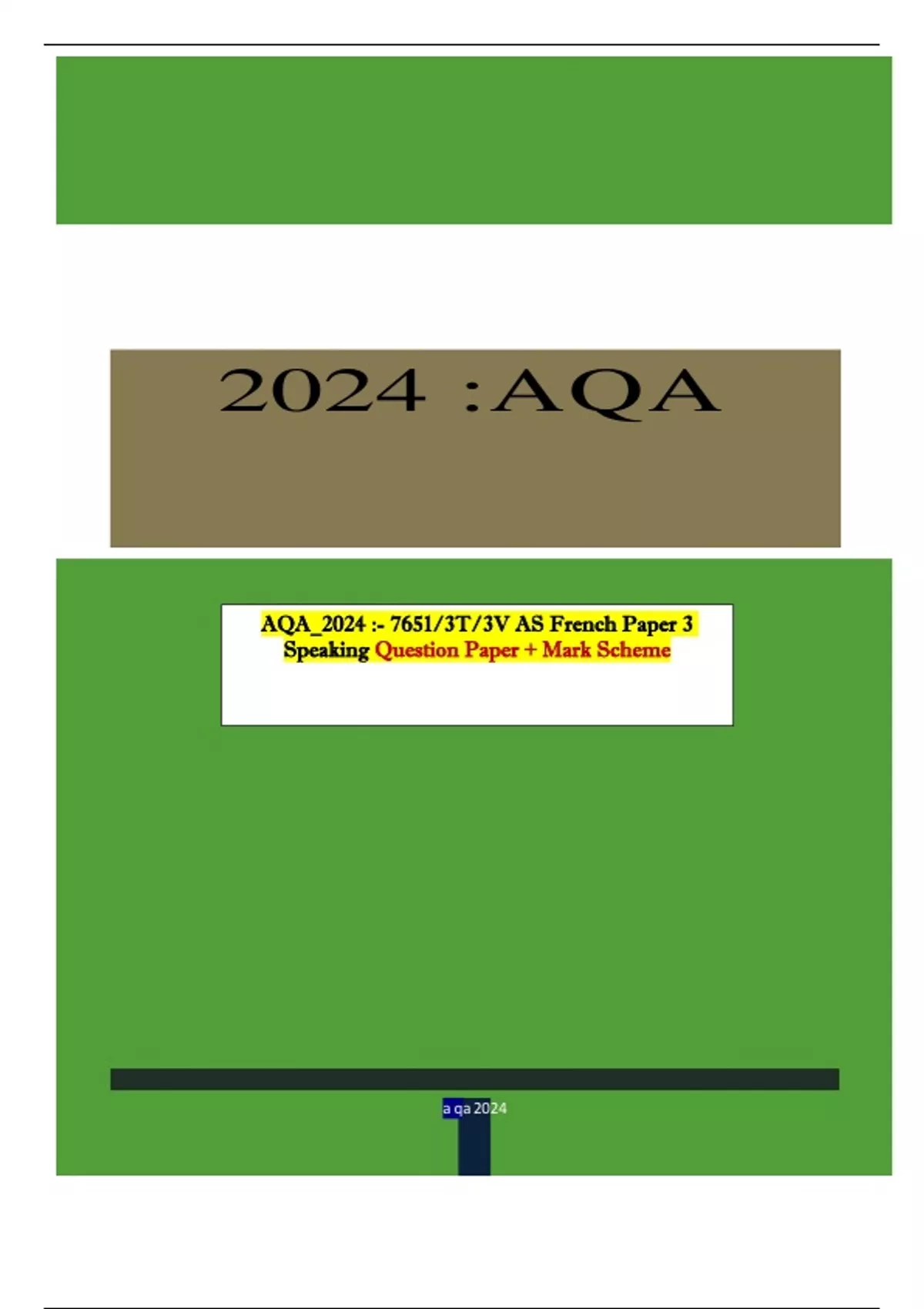 AQA_2024 :- 7651/3T/3V AS French Paper 3 Speaking Question Paper + Mark ...