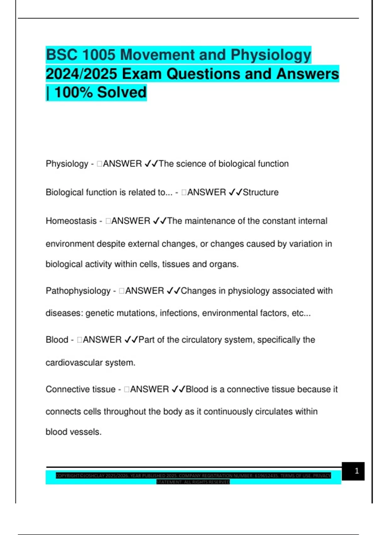 BSC 1005 Movement and Physiology 2024/2025 Exam Questions and Answers ...