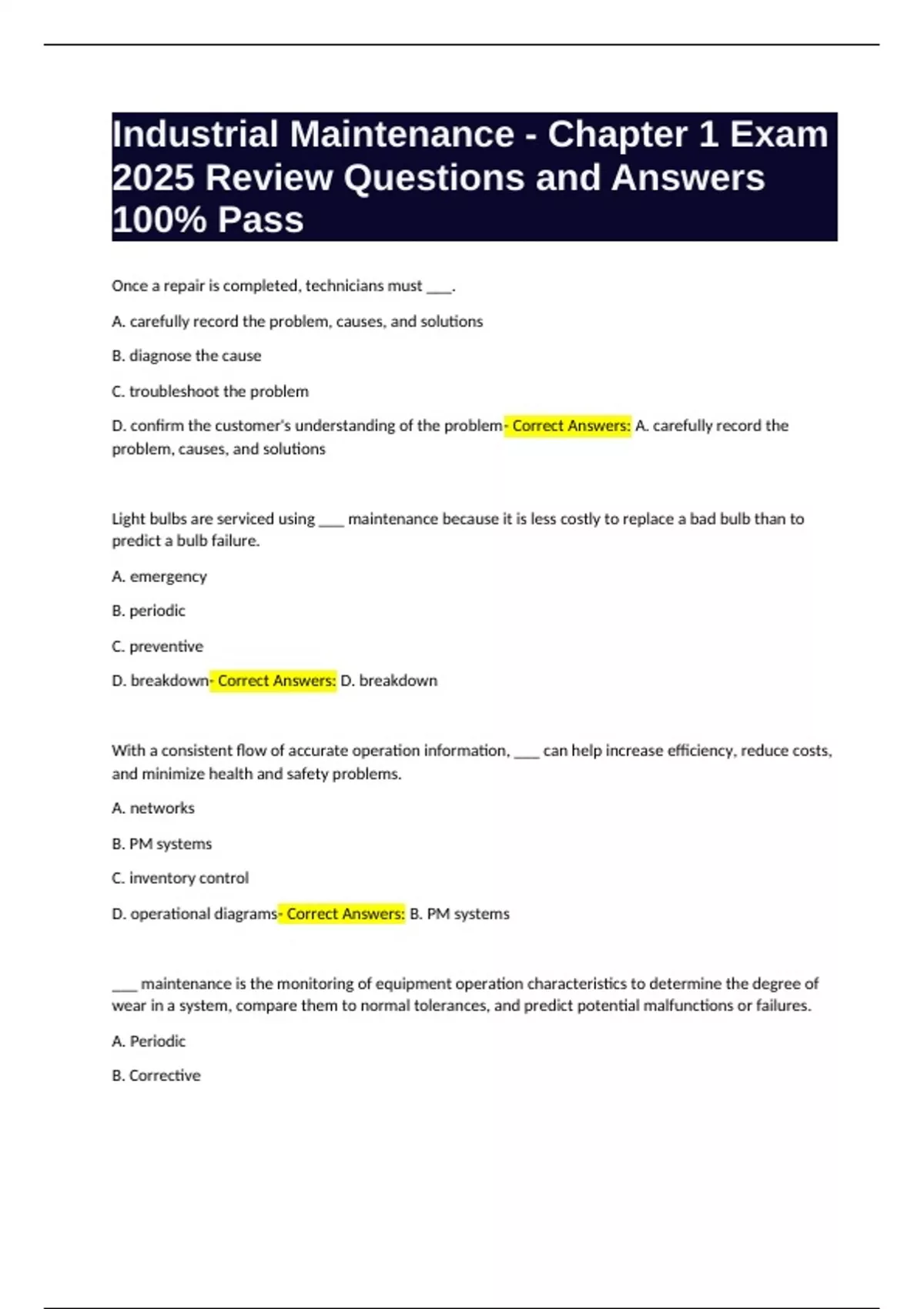 Industrial Maintenance - Chapter 1 Exam 2025 Review Questions and ...