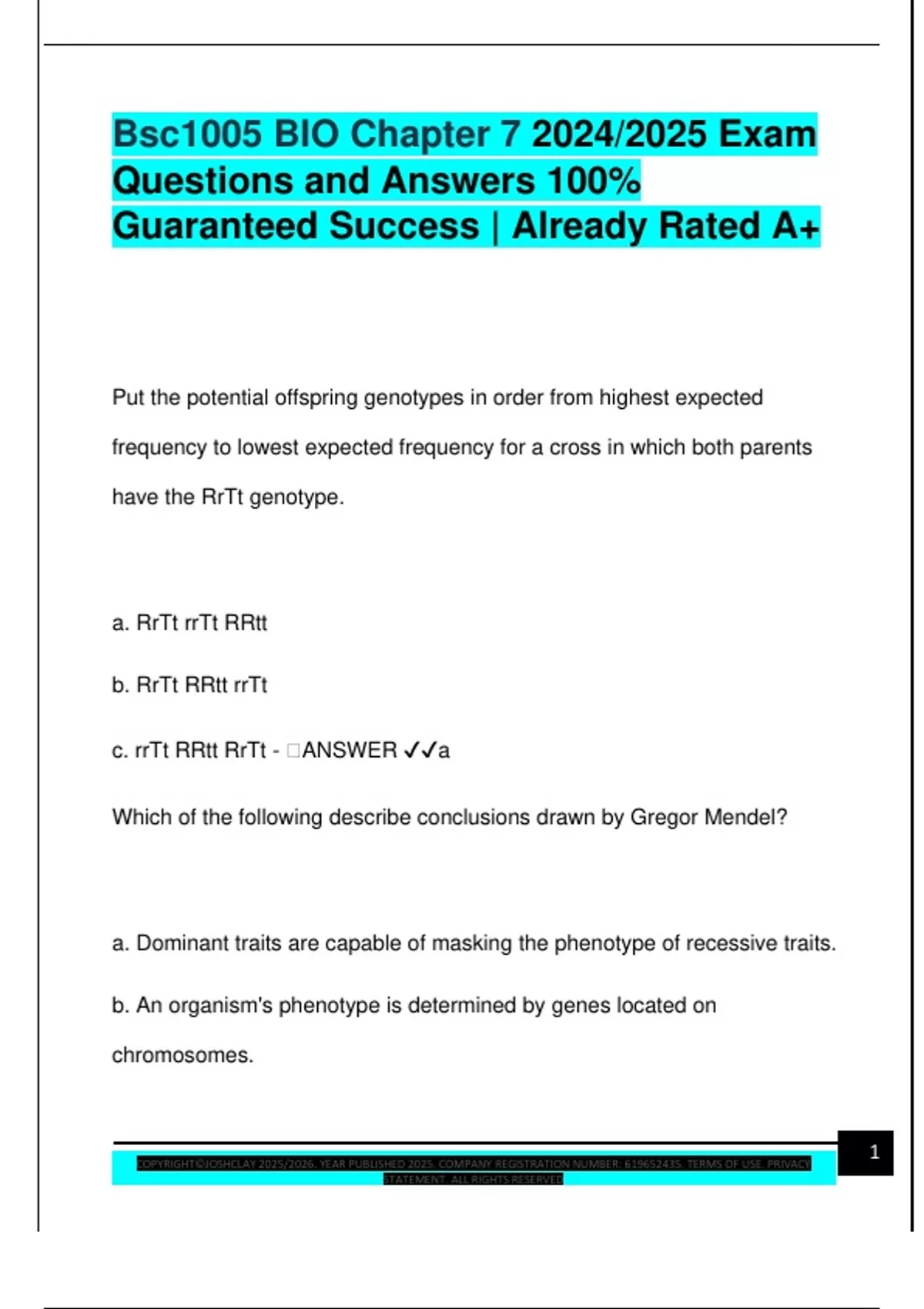 Bsc1005 BIO Chapter 7 2024/2025 Exam Questions and Answers 100% ...