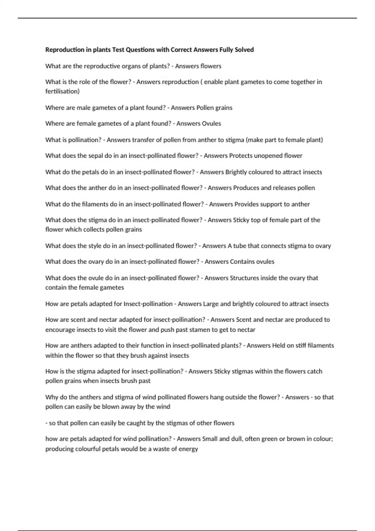 Reproduction in plants Test Questions with Correct Answers Fully Solved ...