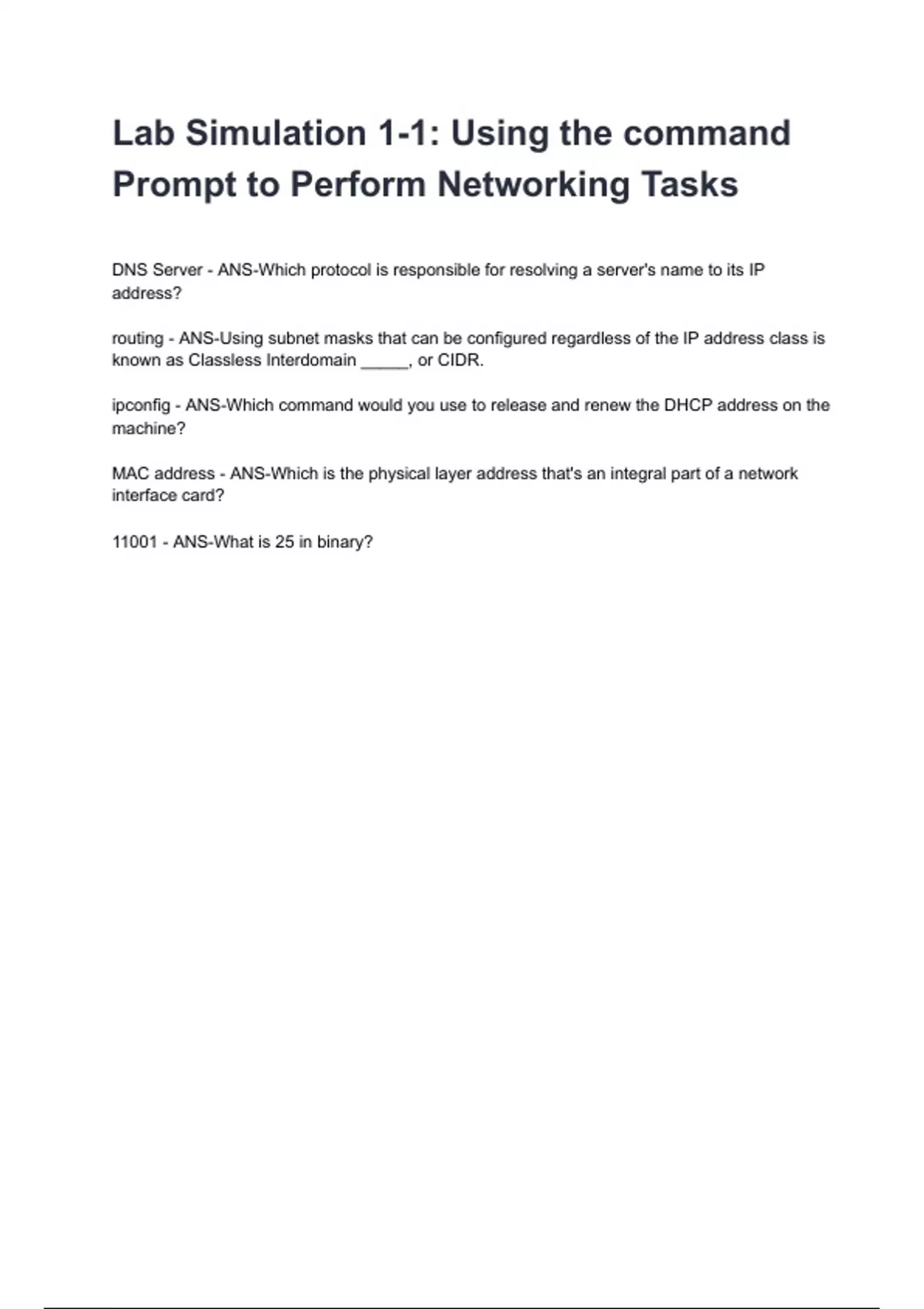Lab Simulation 1-1: Using the command Prompt to Perform Networking Tasks Question and answers ...