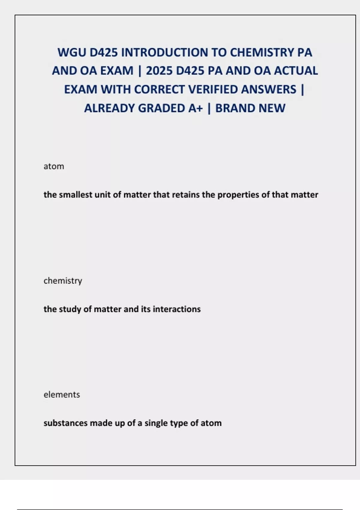 WGU D425 INTRODUCTION TO CHEMISTRY PA AND OA EXAM | 2025 D425 PA AND OA ...
